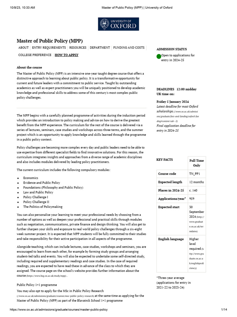 Oxford Master of Public Policy Overview | PDF | Cost Of Living | Career ...