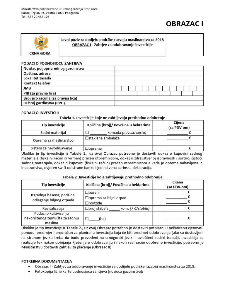 Zahtjev Za Odobravanje Investicije Po Javnom Pozivu Za Maslinarstvo | PDF