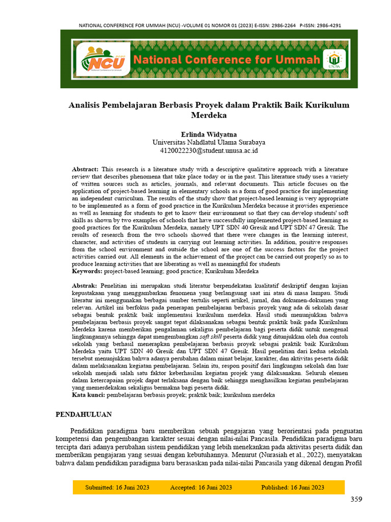 Analisis Pembelajaran Berbasis Proyek Dalam Praktik Baik Kurikulum Merdeka | PDF