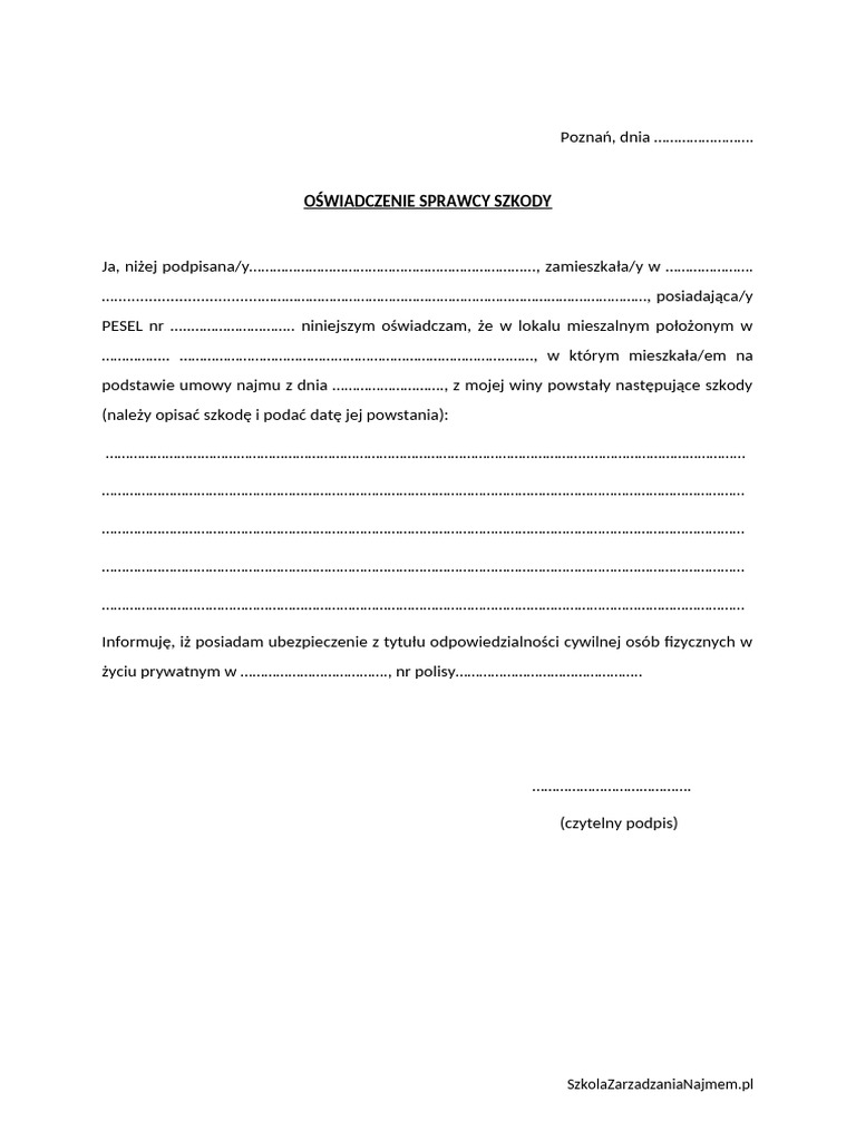Oświadczenie Sprawcy Szkody - OC Najemcy | PDF