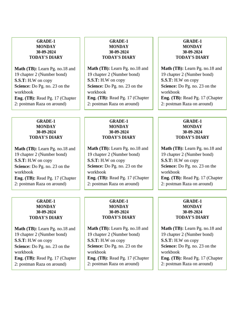 30.09.24 Grade 1 Diary. 1 | PDF