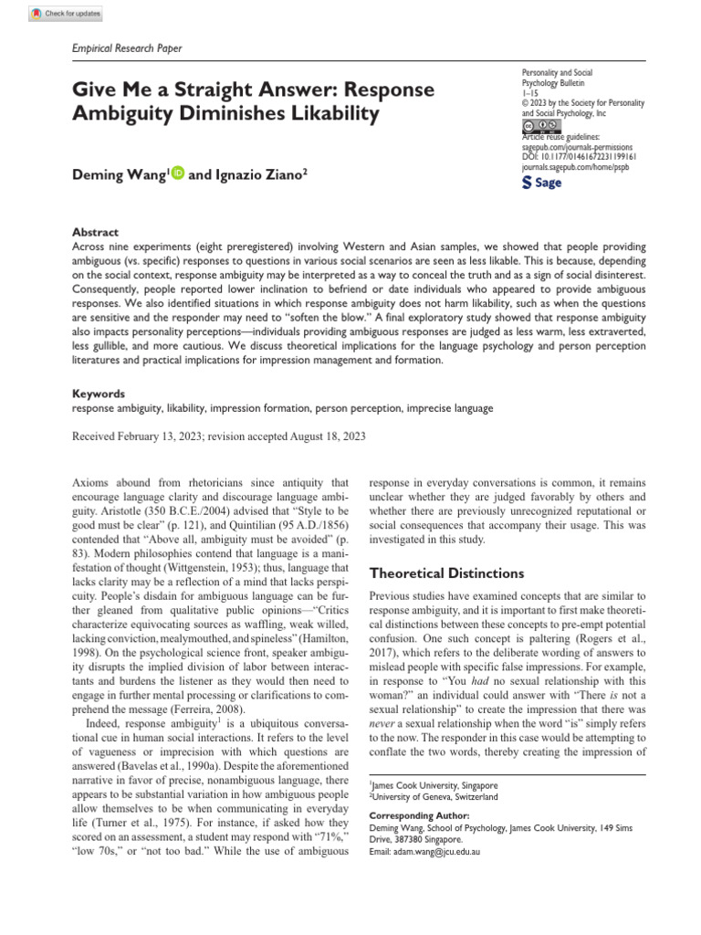 Wang Ziano 2023 Give Me A Straight Answer Response Ambiguity Diminishes ...