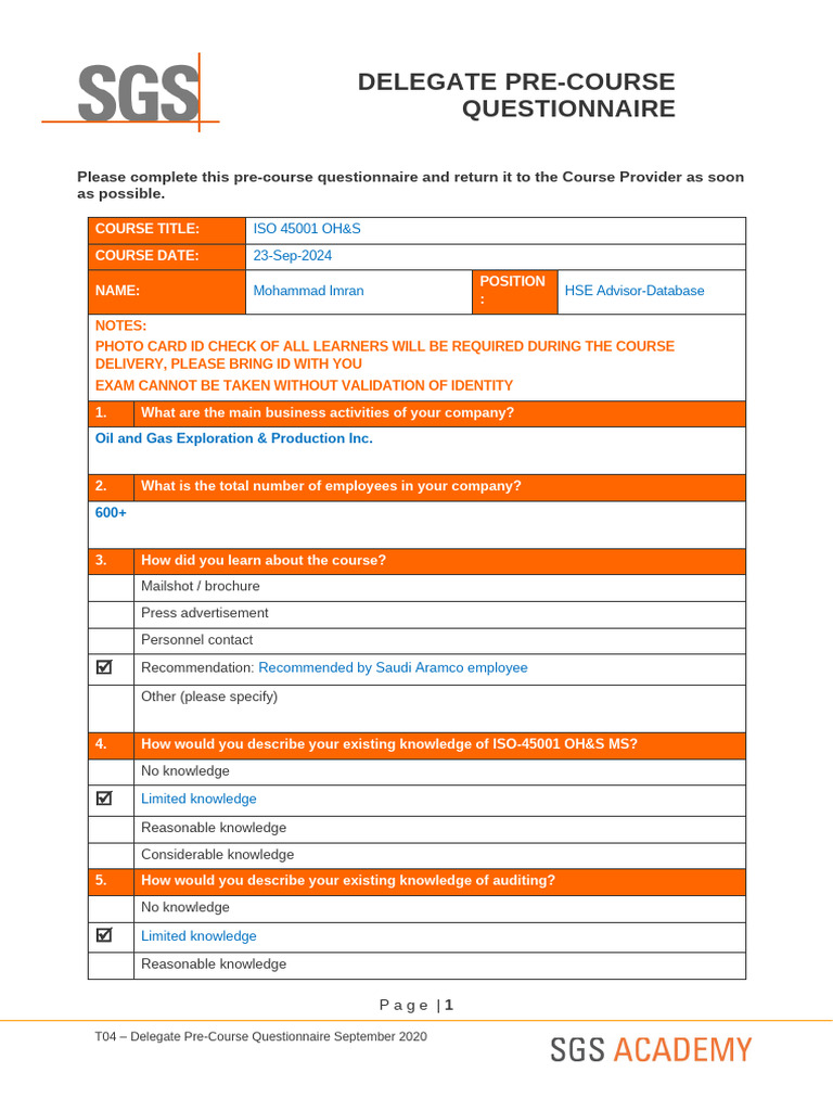 T04 - Delegate Pre-Course Questionnaire | PDF