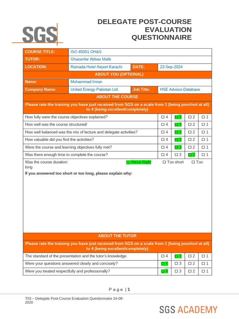 T03 - Delegate Post-Course Evaluation Questionnaire - Sept 2020 | PDF