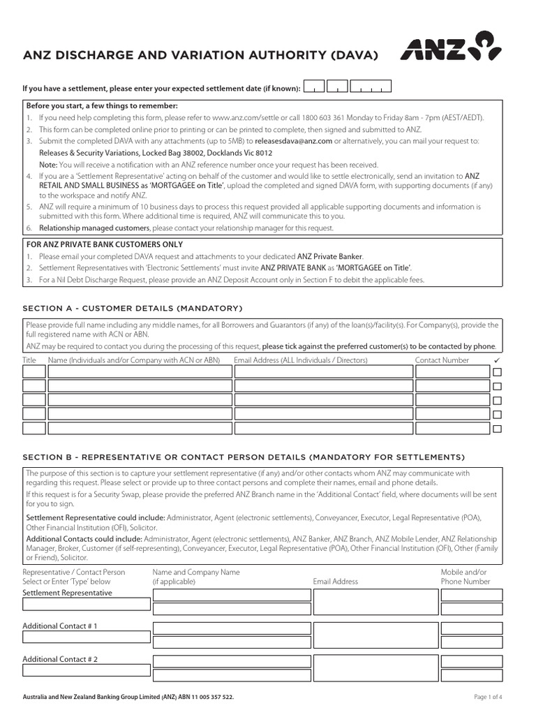 Anz Discharge and Variation Form | PDF