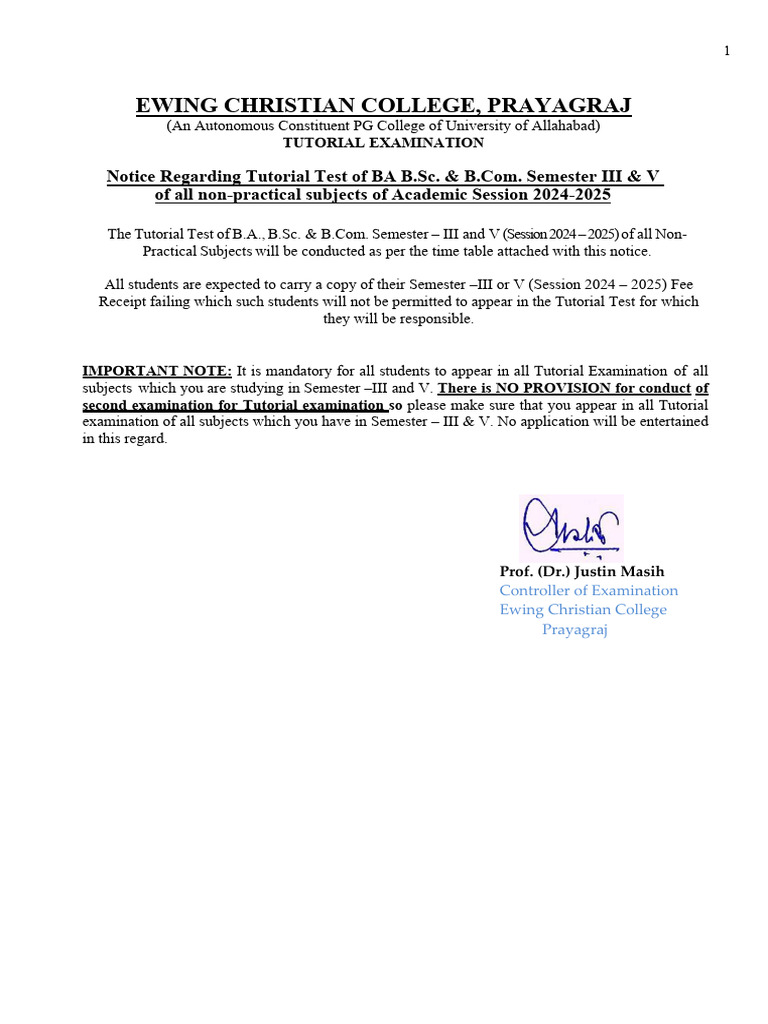 2024 Tutorial Examination B.A. and B.sc. III - V Tutorial Exam Time ...