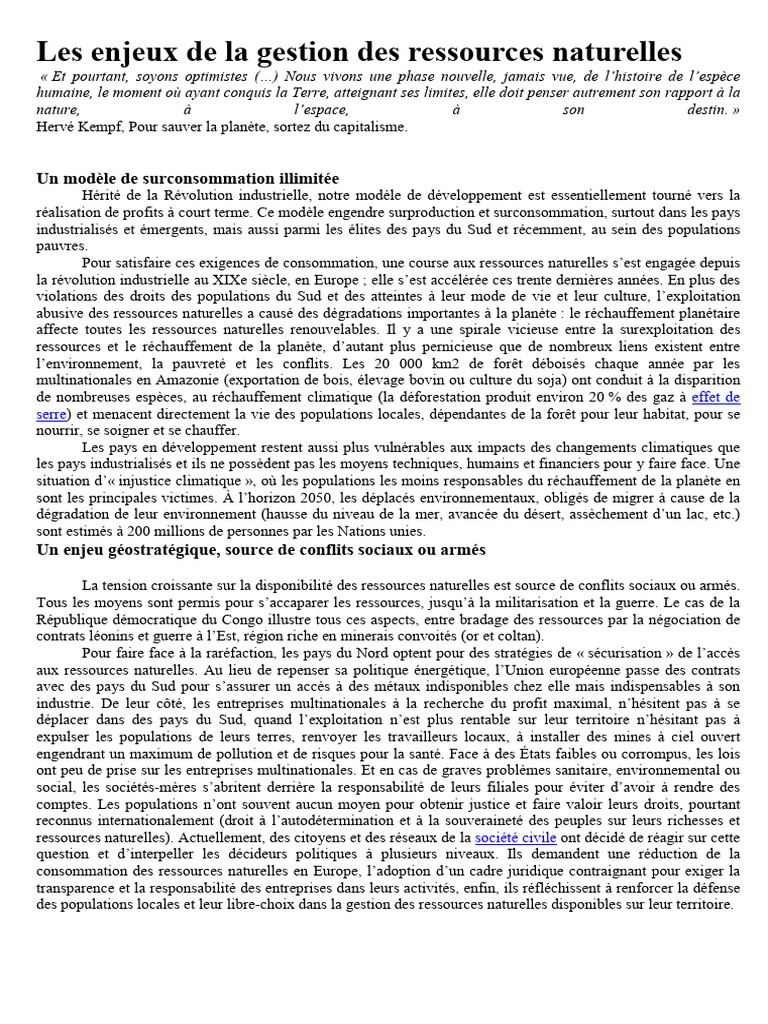 Les Enjeux de La Gestion Des Ressources Naturelles-1 | PDF ...