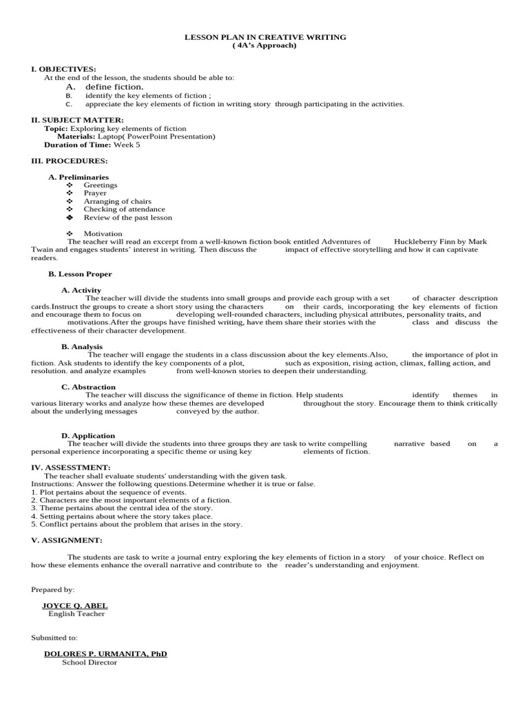 Creative Writing Lesson Plan: Fiction Elements | PDF | Narrative ...