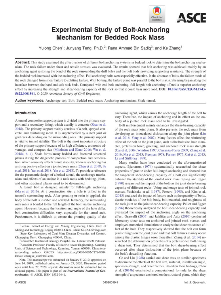 Experimental Study of Bolt-Anchoring Mechanism For Bedded Rock Mass | PDF