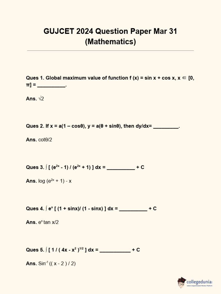 GUJCET 2024 Question Paper Mar 31 Mathematics | PDF