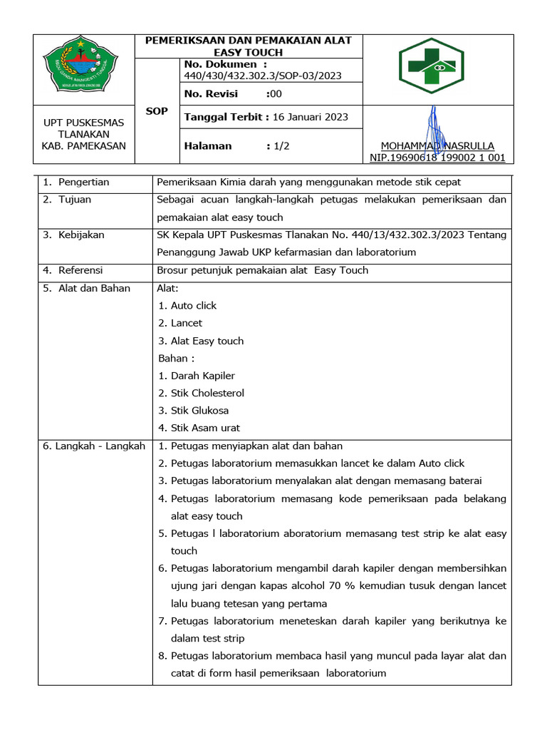 SOP Pemeriksaan Dan Pemakaian Easy Touch | PDF