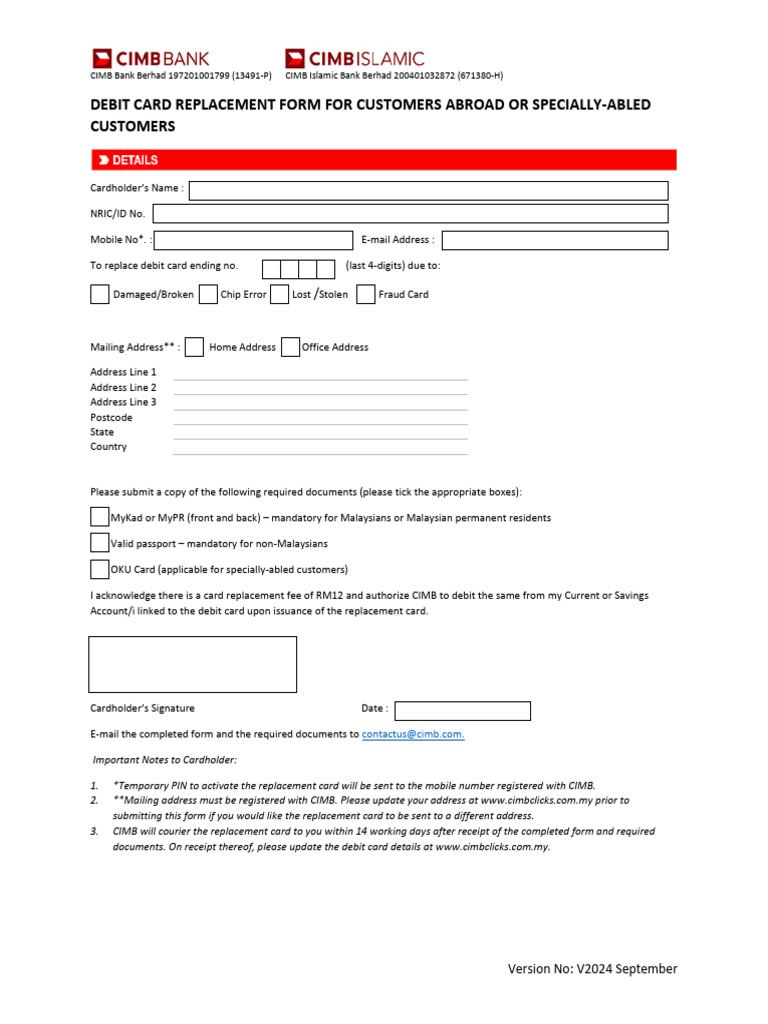 Debit Card Replacement Form Sep 2024 | PDF | Business | Finance & Money ...