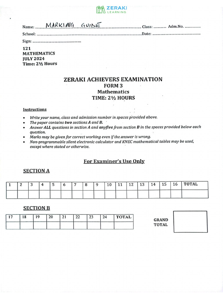 Mathematics Marking Scheme Zeraki Achievers 13.0 - July 2024 | PDF