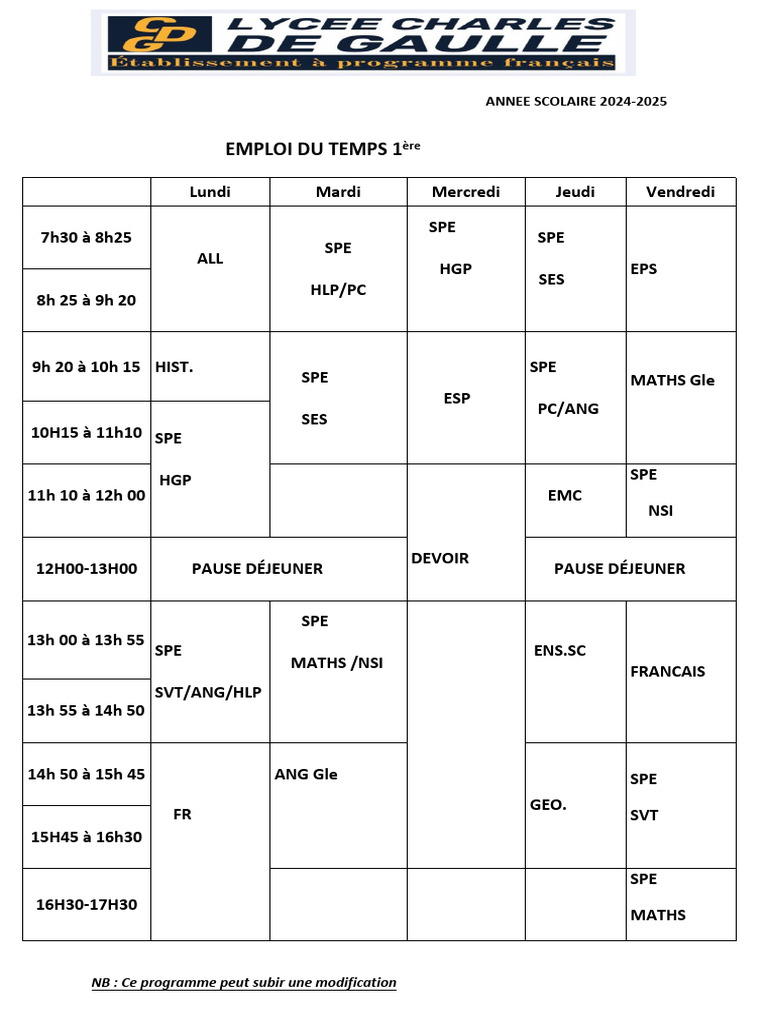 Lcdg-Emploi Du Temps Lycee - 1ere - 2 | PDF