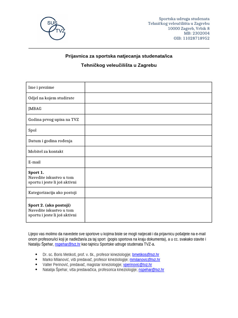 SUS TVZ prijavnica za natjecanja_ime_prezime | PDF