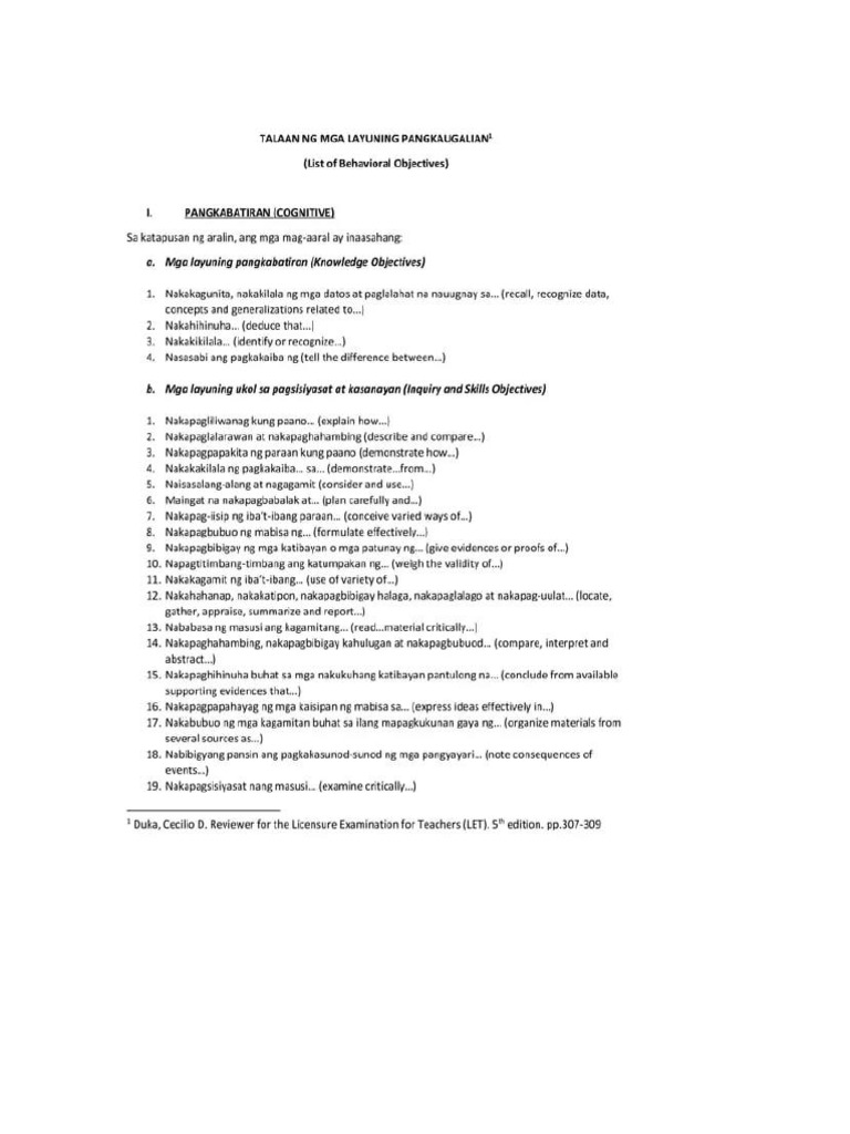 Verbs Checklist For Lesson Objectives Filipino | PDF