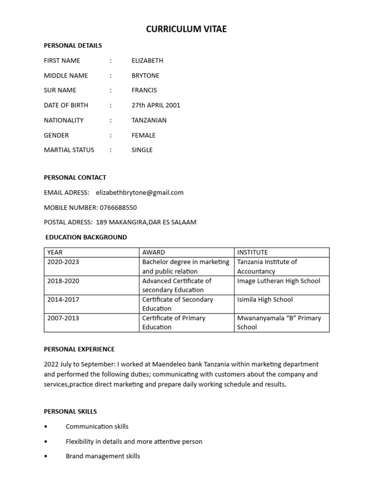 Elizabeth's Curriculum Vitae | PDF