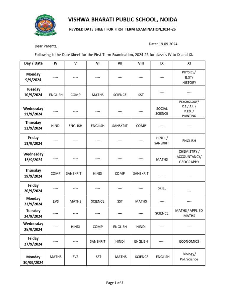 Revised Date Sheet First Term Exams, 2024-25-1 | PDF