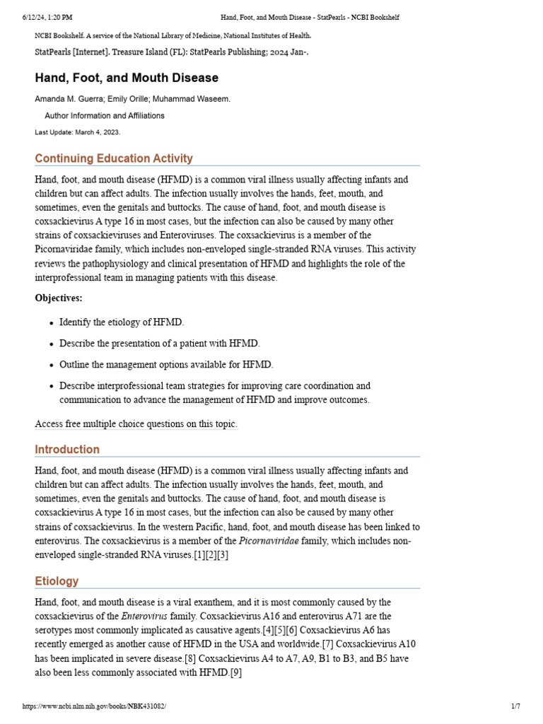 Hand, Foot, And Mouth Disease - StatPearls - NCBI Bookshelf | PDF