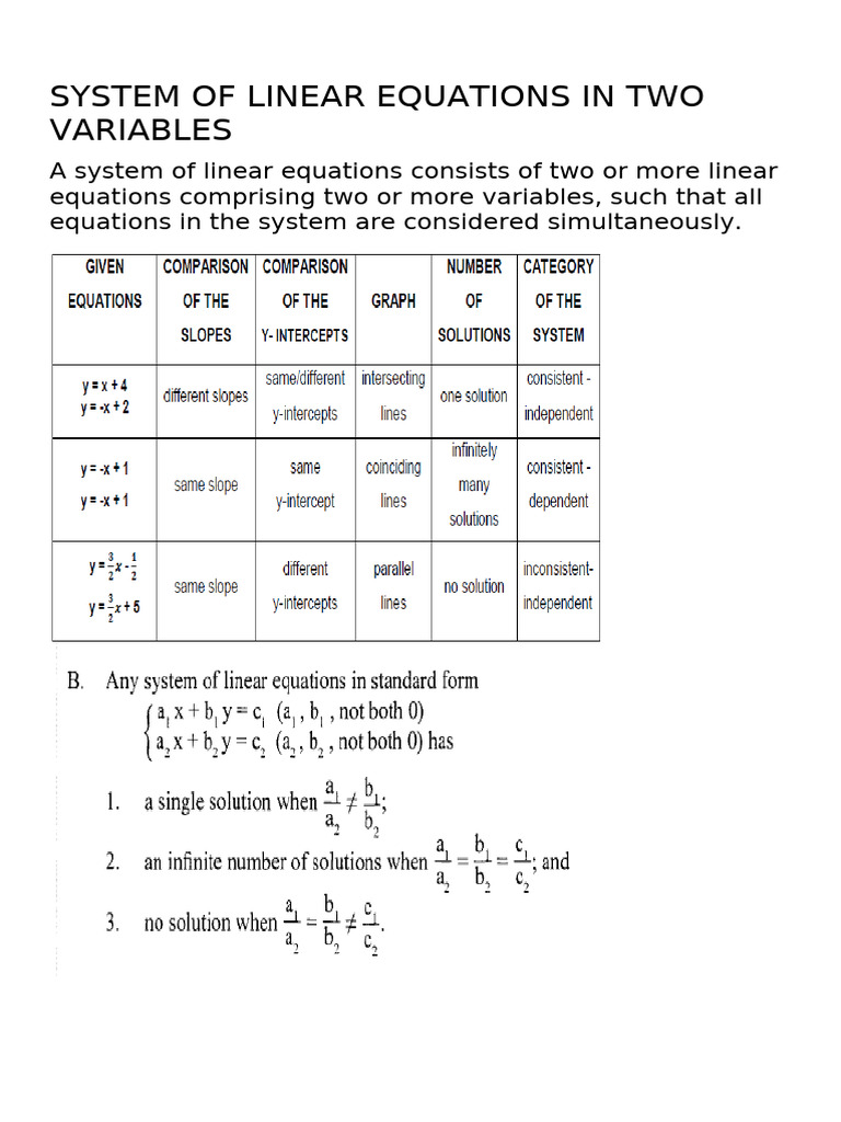 A System of Linear Equations Consists of Two or More Linear Equations ...