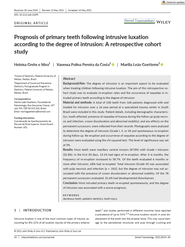 Dental Traumatology - 2021 - Silva - Prognosis of Primary Teeth ...