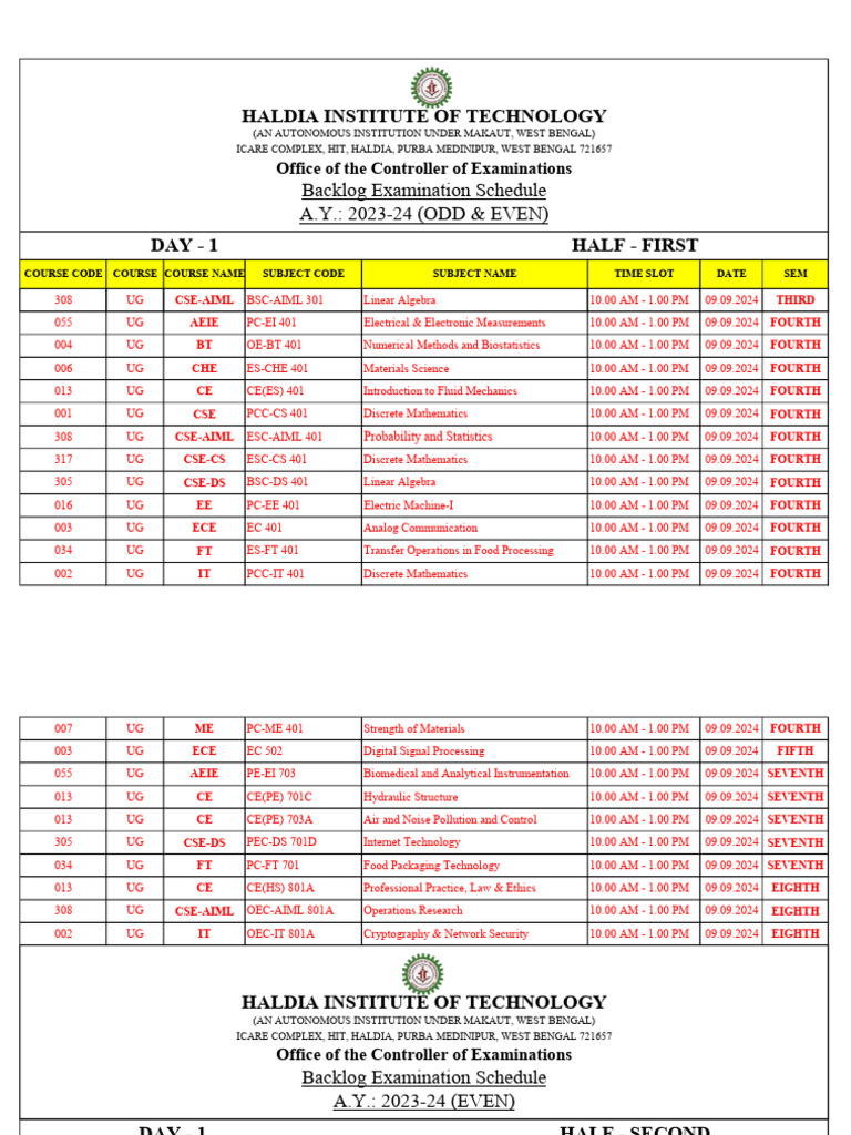 Backlog Exam - Routine - Even - 2023 - 24 - Sem - 2 - 4 - 6 - 8 - Spl. Supple | PDF | Electronic ...