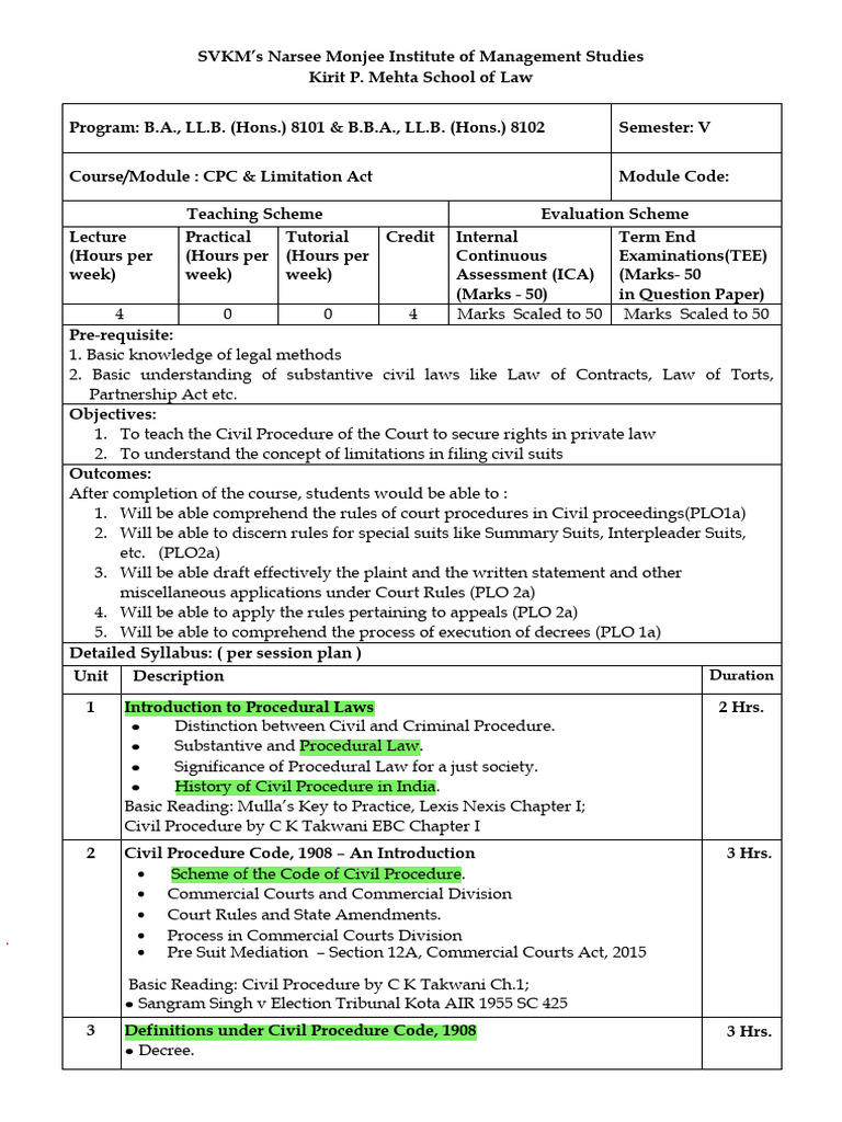 Sem V - CPC & Limitation Act - 2024-25 | PDF