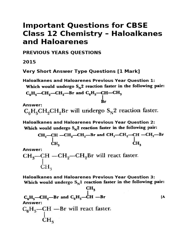 Previous Year Questions For CBSE Class 12 Chemistry Halo Alkane and ...