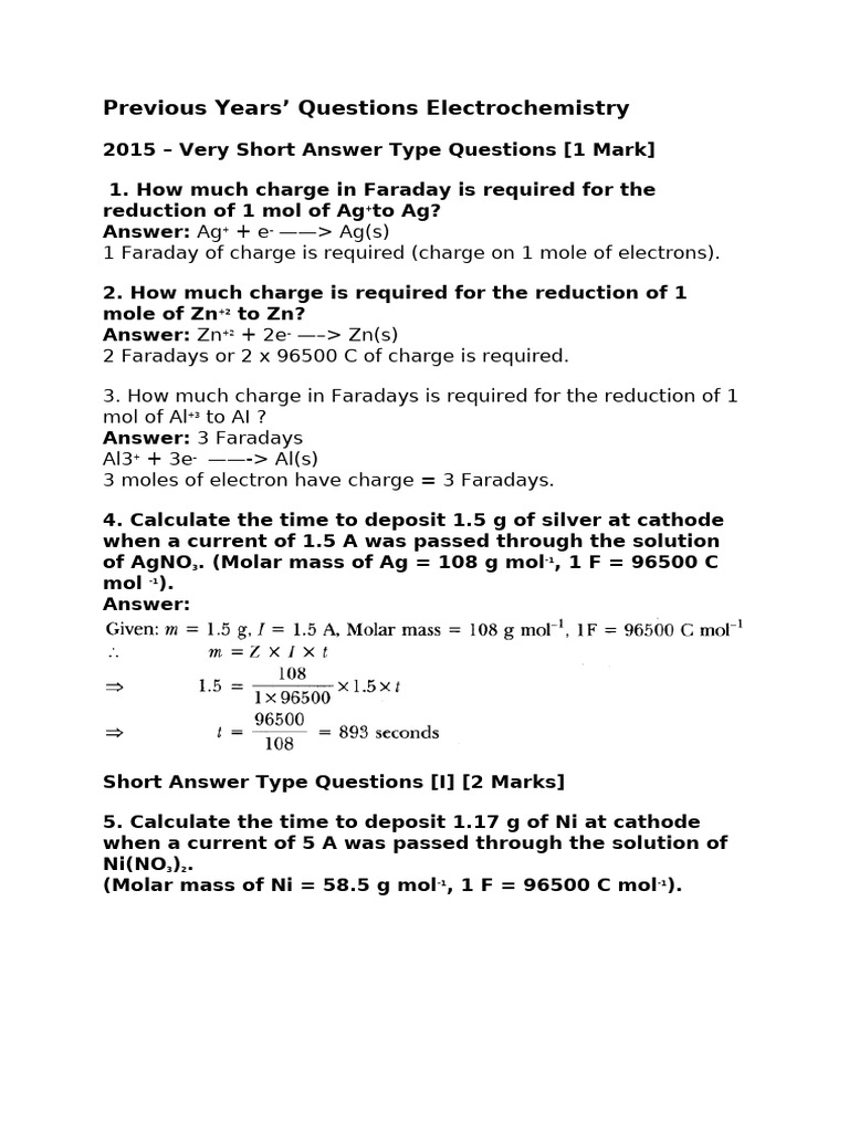 Previous Years QP Class 12 Chemistry Electrochemistry | PDF