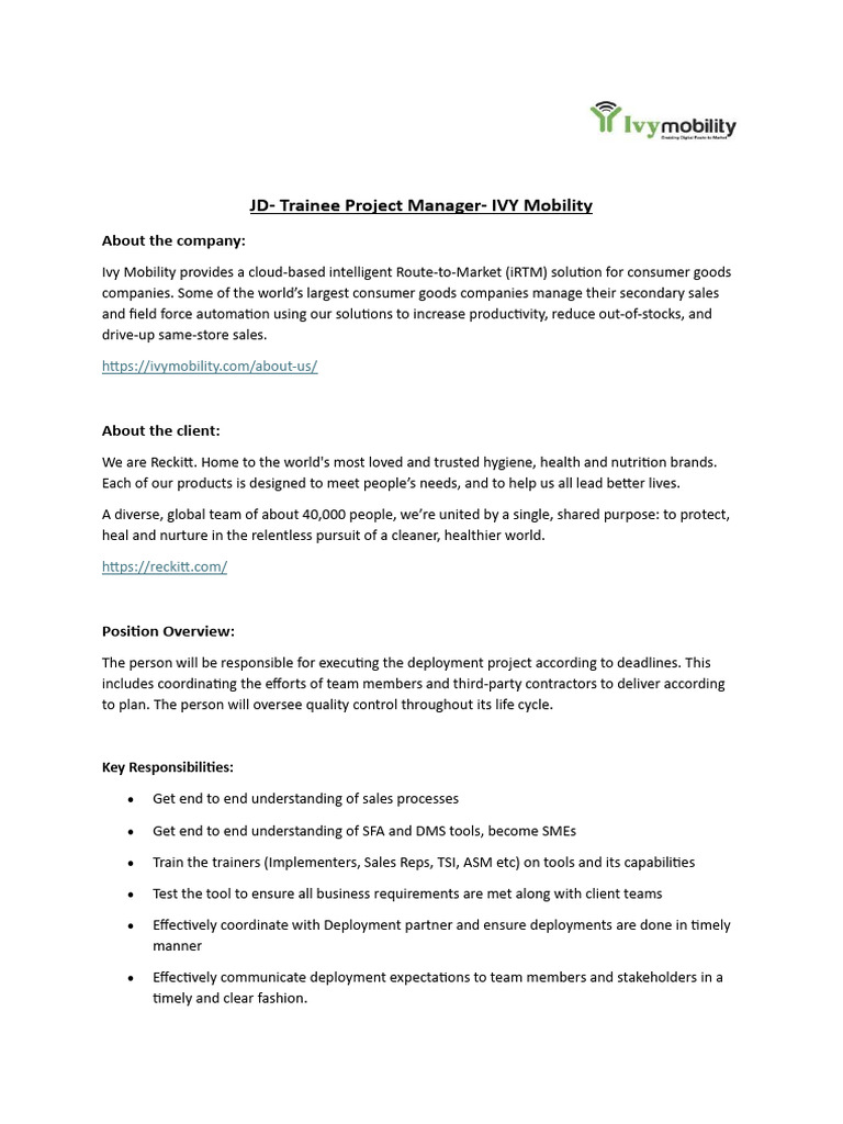 JD - Trainee Project Manager - IVy Mobility | PDF