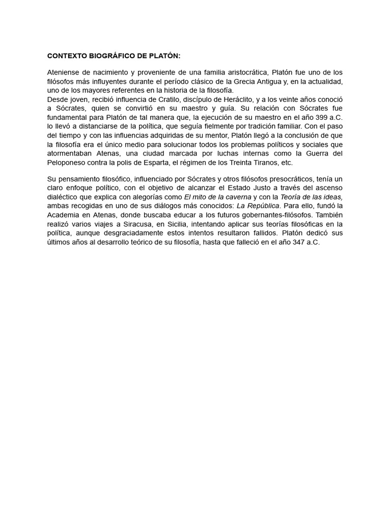 Contexto Biográfico Platón | PDF