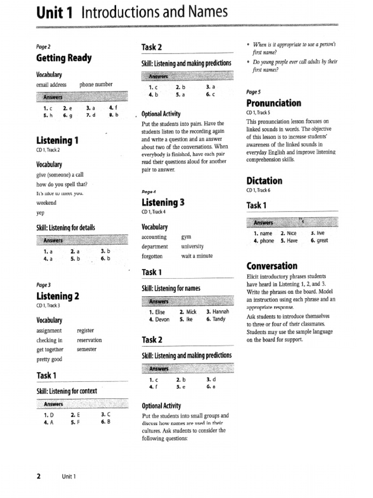 Listening - Key Unit 1, Unit 2 | PDF Listening - Key Unit 1, Unit 2 | PDF