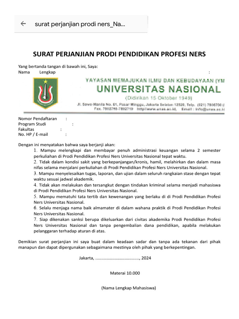 Surat Perjanjian Prodi Ners - Nama Lengkap - Angkatan | PDF