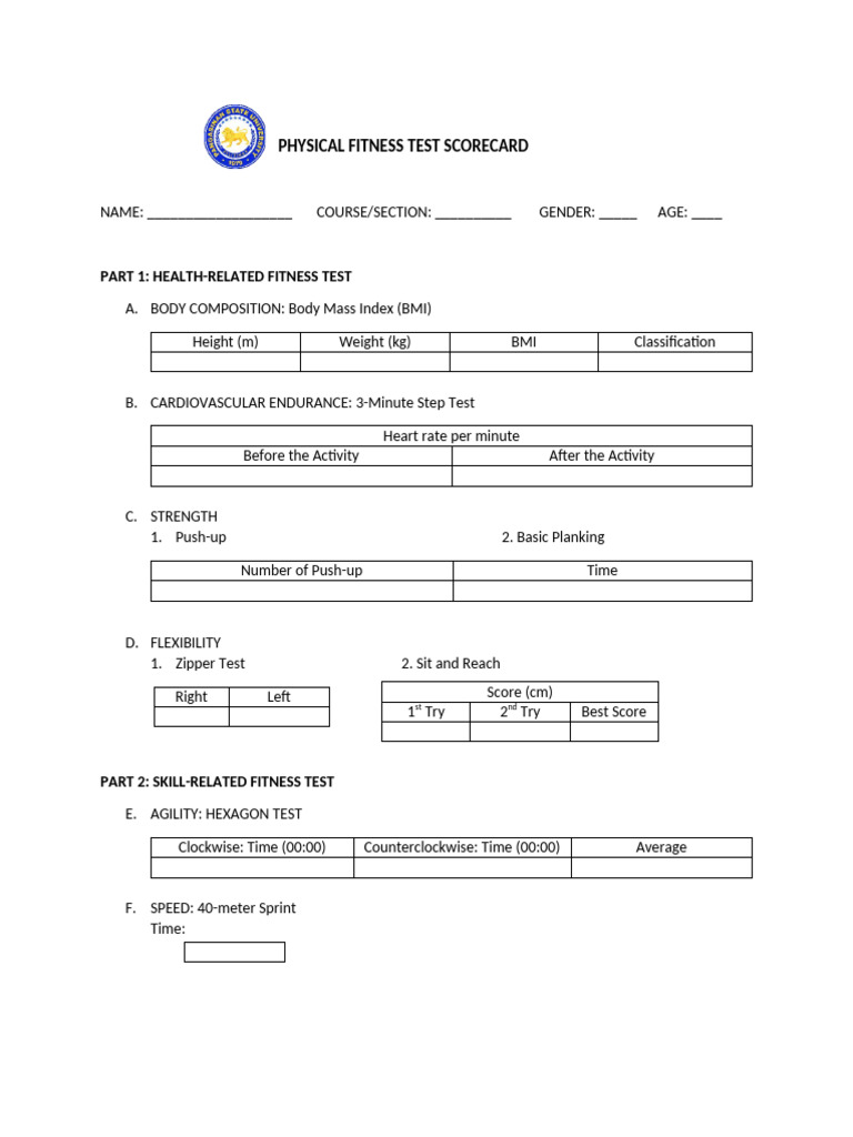 Physical Fitness Test Scorecard | PDF
