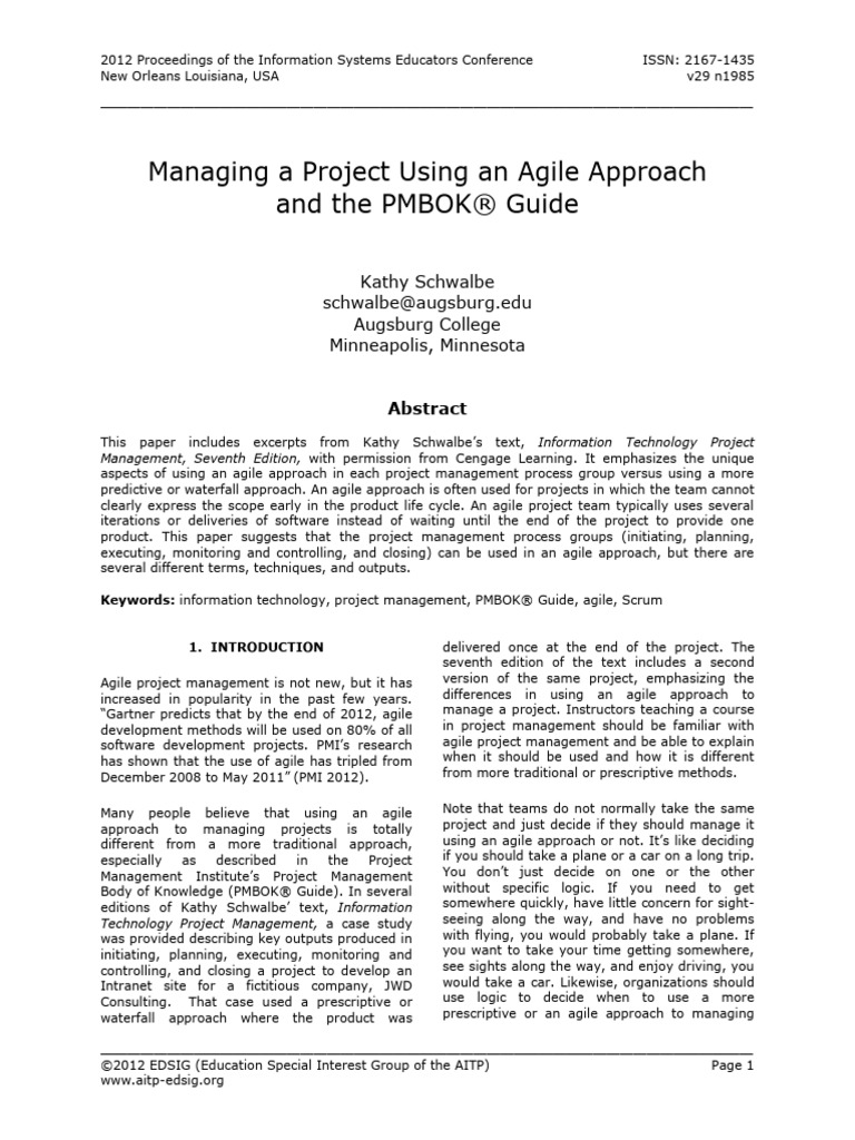 Managing a project using an agile approach and the PMBOK® guide | PDF