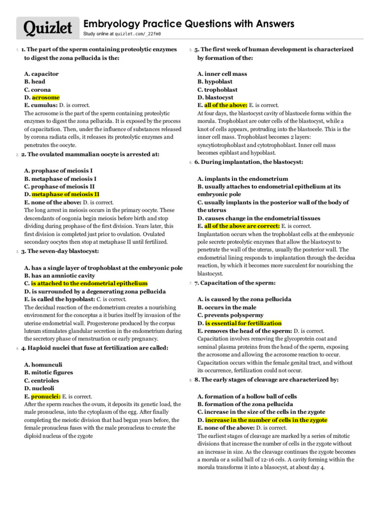 Embryology Practice Questions | PDF