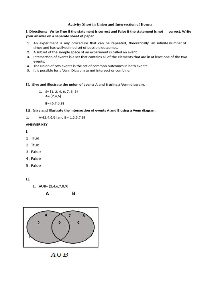 Activity Sheet in Union and Intersection of Events | PDF