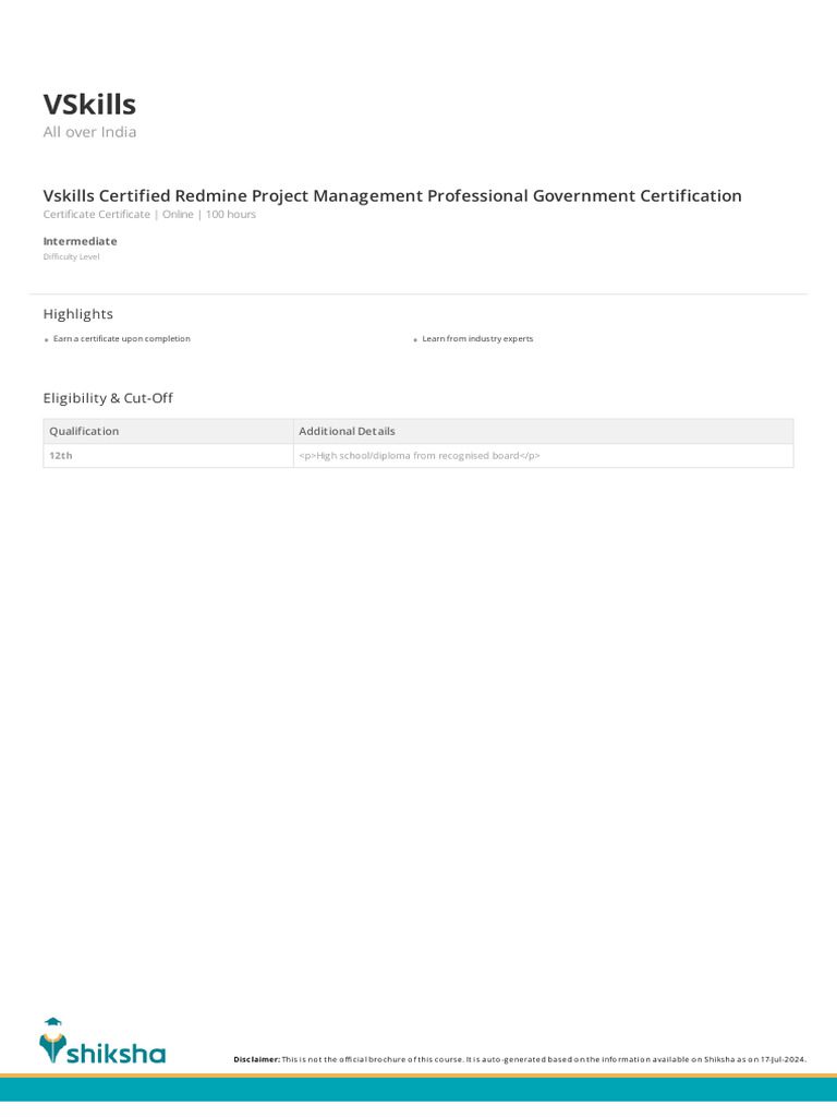 Vskills Certified Redmine Project Management Professional Government Certification | PDF