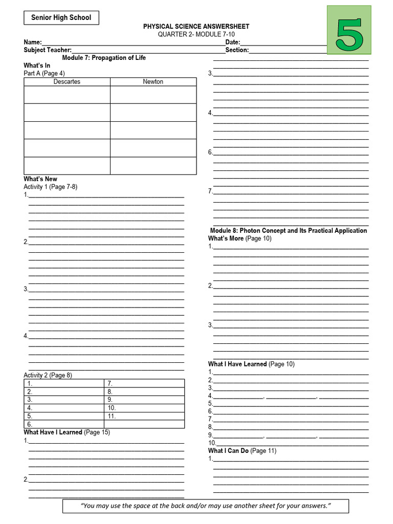 PHYSICAL SCIENCE ANSWERSHEET Q2 Mod 7 10 | PDF | Electromagnetic ...