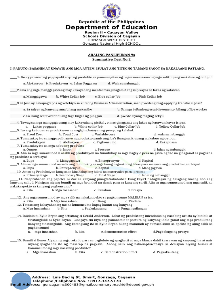 AP9 Summative Test No.2 | PDF