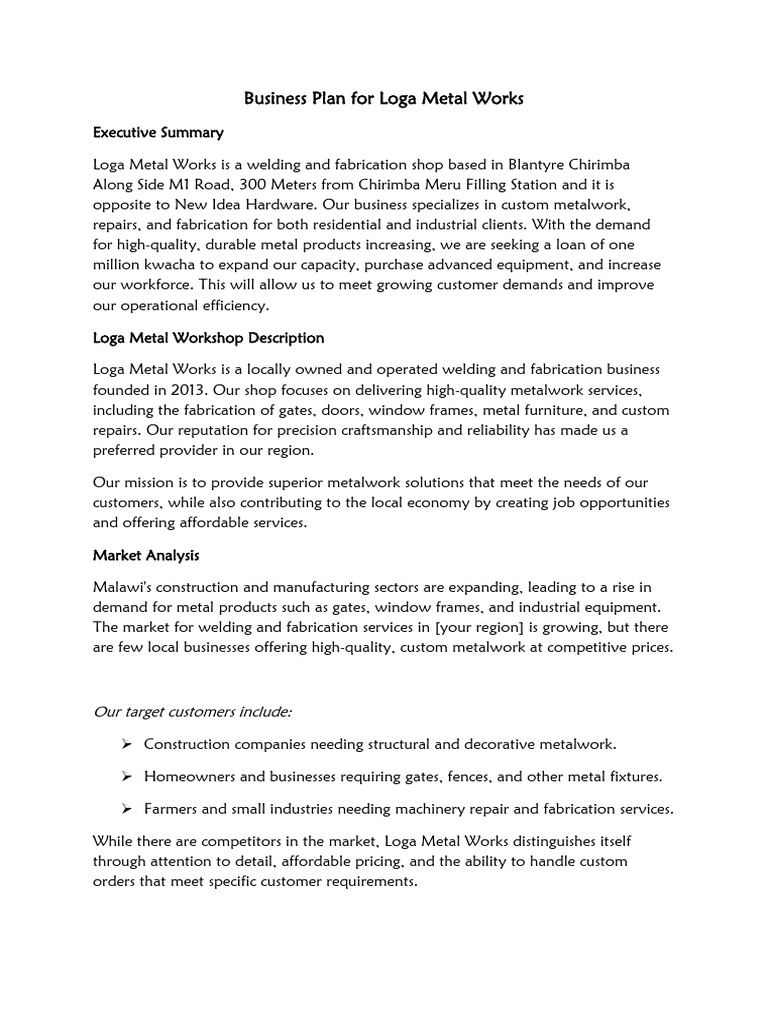 Business Plan For Loga Metal Works | PDF | Revenue | Business