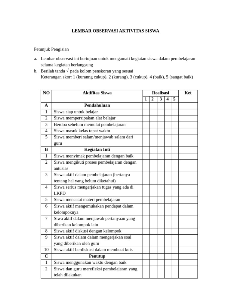 LEMBAR OBSERVASI AKTIVITAS SISWA | PDF