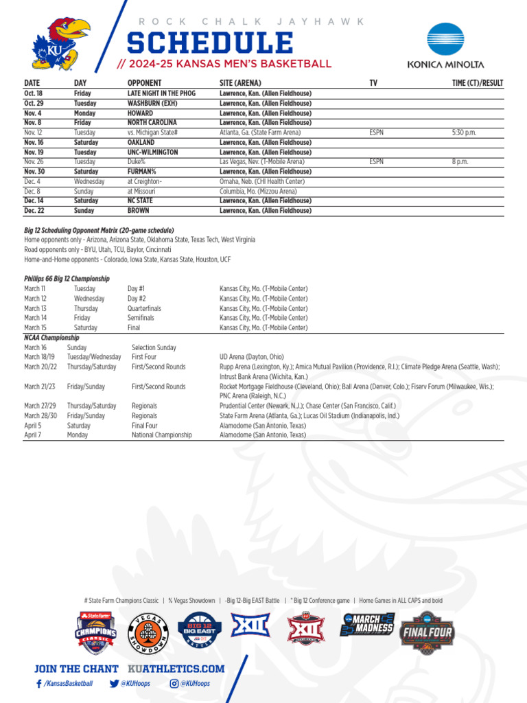 KUMBB 2024 25 Schedule - 2 | PDF | Kansas Jayhawks Men's Basketball ...