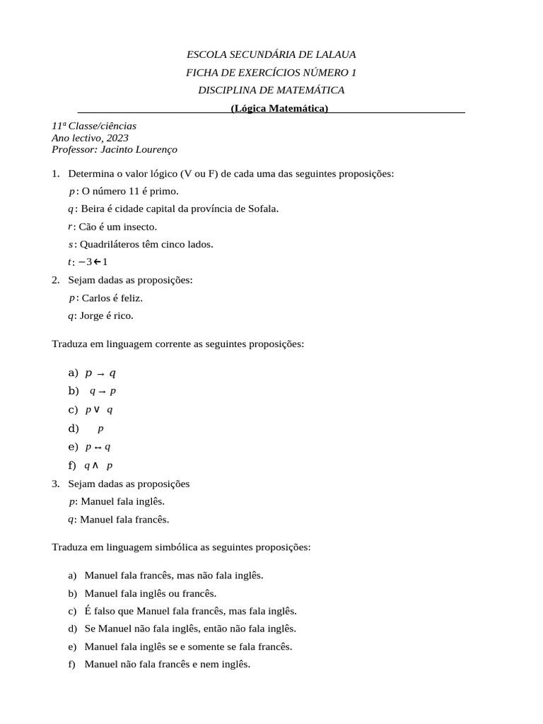 Ficha de Exercicios1 Lalaua | PDF