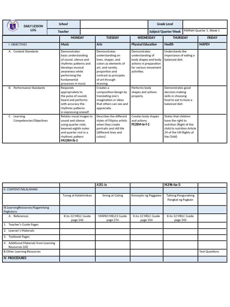 DLL MAPeH-2 Q1 w1 | PDF