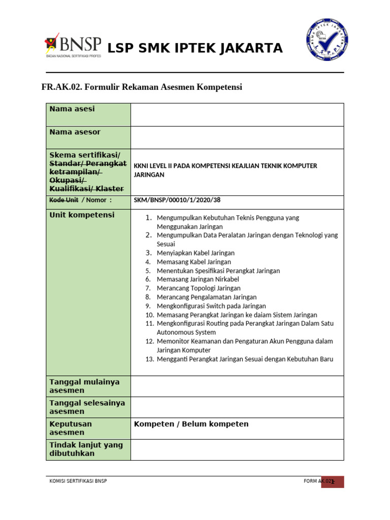 FR - Ak.02. Formulir Rekaman Asesmen Kompetensi | PDF