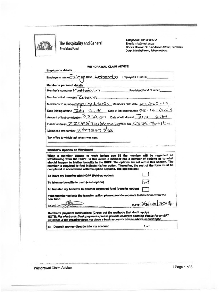 Withdrawal Forms HGPF - Zoleka Mathebula | PDF