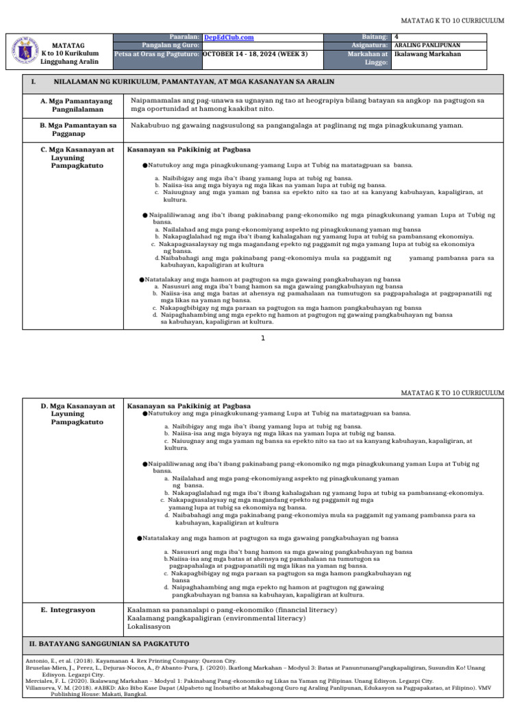 DLL Matatag - Araling Panlipunan 4 Q2 W3 | PDF