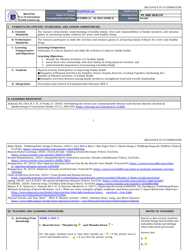 DLL Matatag - Pe & Health 4 Q2 Week1-3-4 | PDF