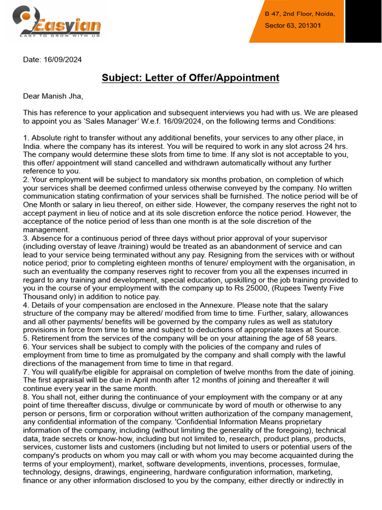 Manish Offer Letter | PDF | Salary | Business